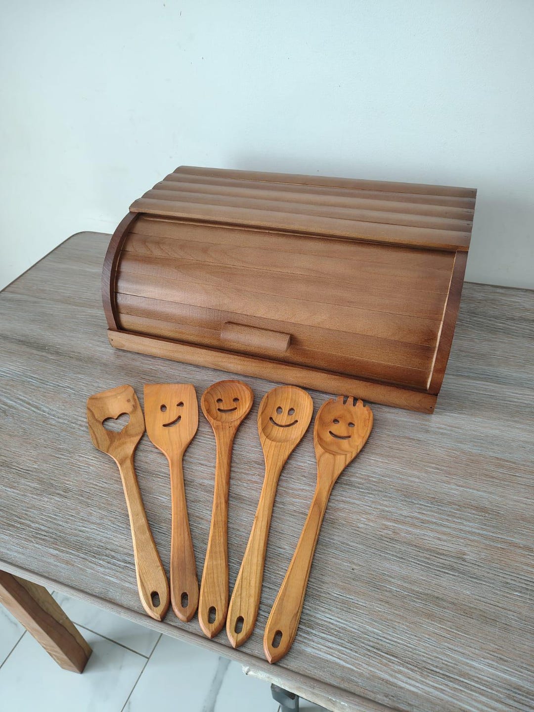 Wooden Bread Box Set With Spoons | Handmade Solid Wood Kitchen Storage ...