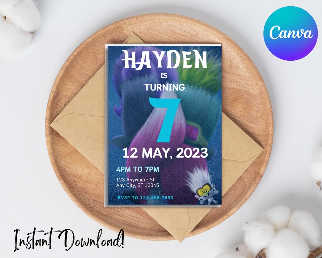 Editable Trolls Band Together Brozone Invite, Printable Birthday ...