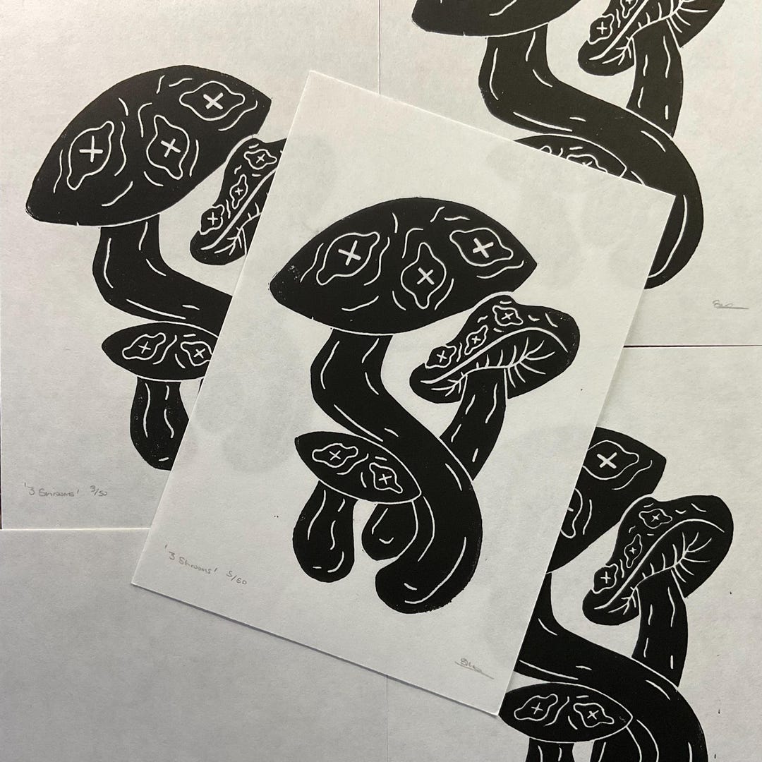 Mushroom Linocut Print | Creepy Black Relief Print | Spooky Dark Design ...