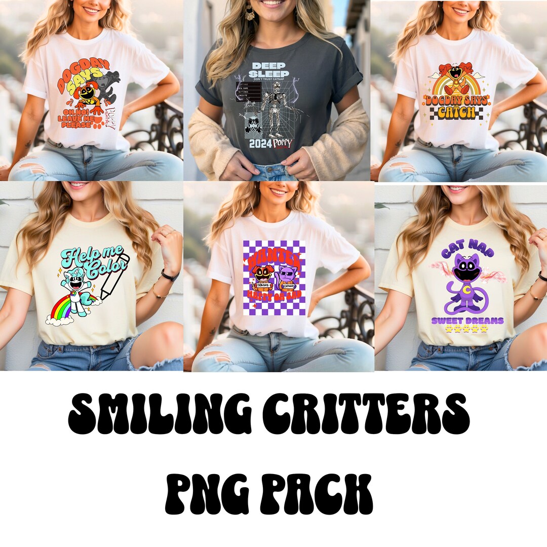 Package of 6 PNG Files of Smiling Critters, Designs of Capnat, Dogday ...