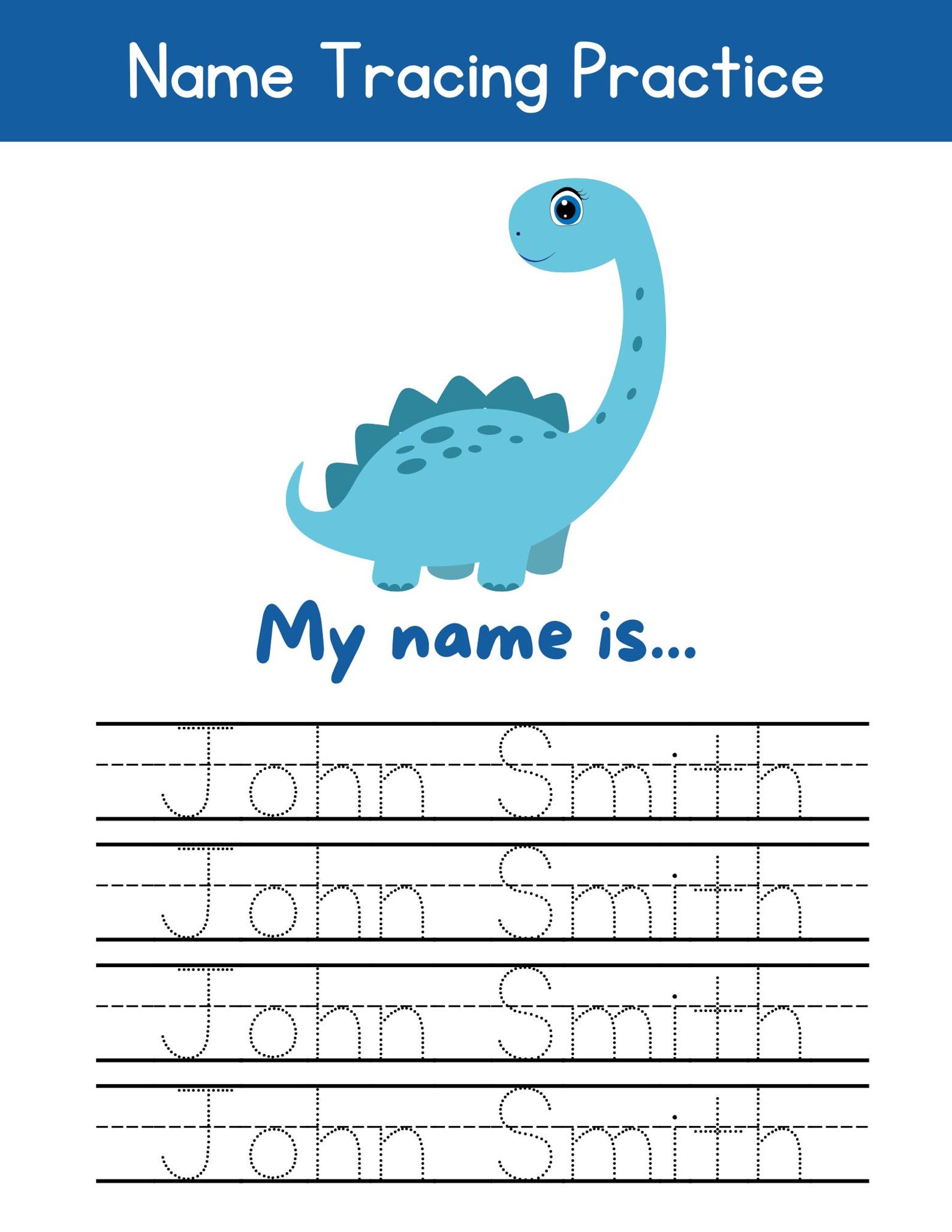 Custom Name Dino Tracing Worksheet, Handwriting Practice, Name Writing ...