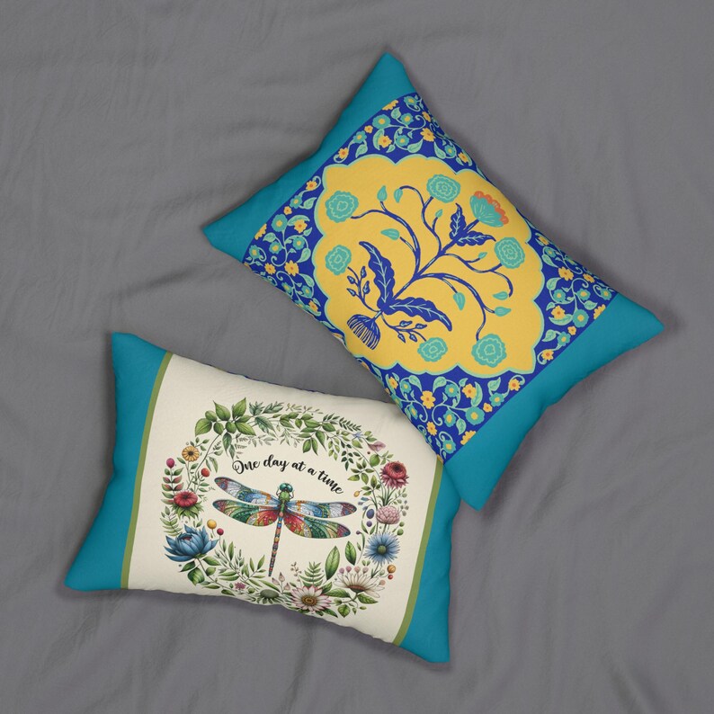 Art Nouveau Blue Floral Lumbar Pillow, Cornflower Blue Cream Reversible ...