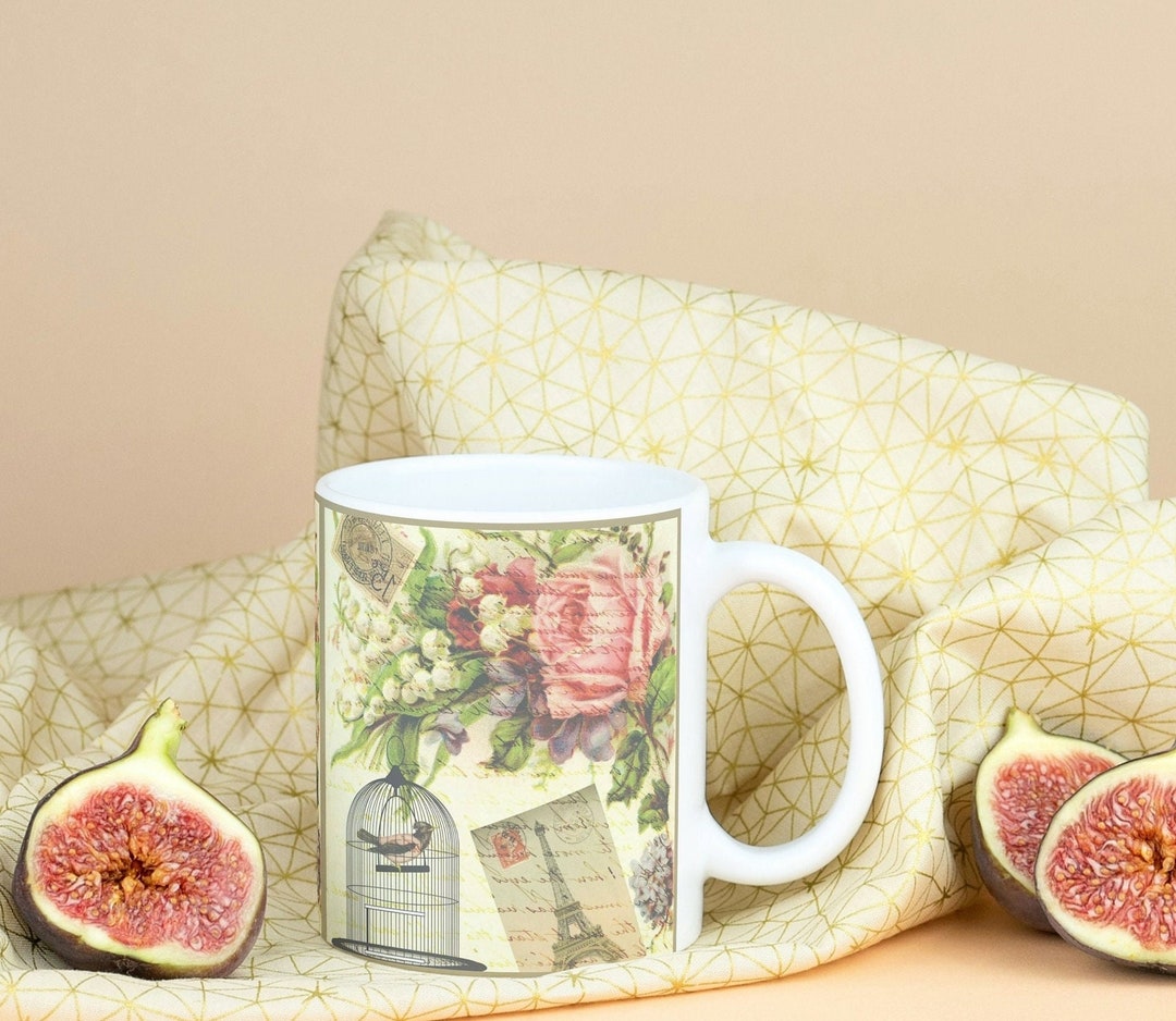 Victorian Coffee Mug Vintage Letter Postcard Birdcage Roses Large ...