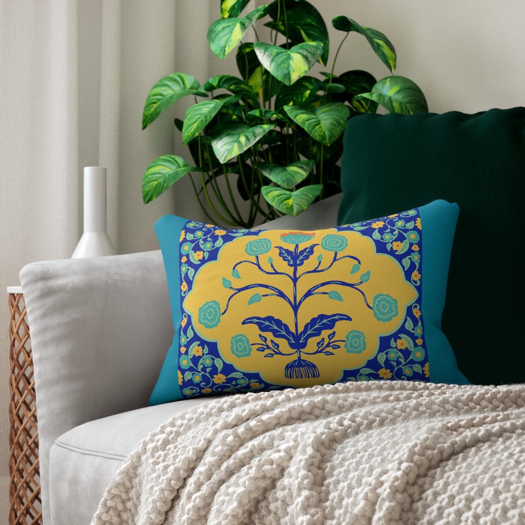 Art Nouveau Blue Floral Lumbar Pillow, Cornflower Blue Cream Reversible ...
