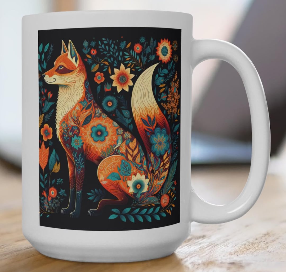Fox Mug Gift for Her Coffee Mug Red Fox Forest Floral Large Ceramic ...