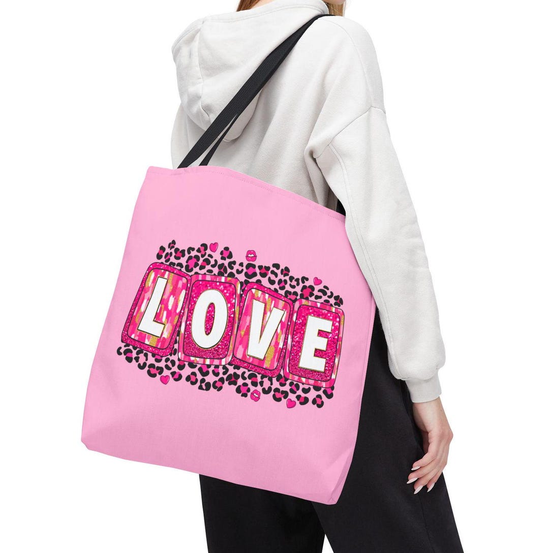 Pink LOVE Tote Bag Leopard Print Hearts Oversized Bag , Bright Graphic ...