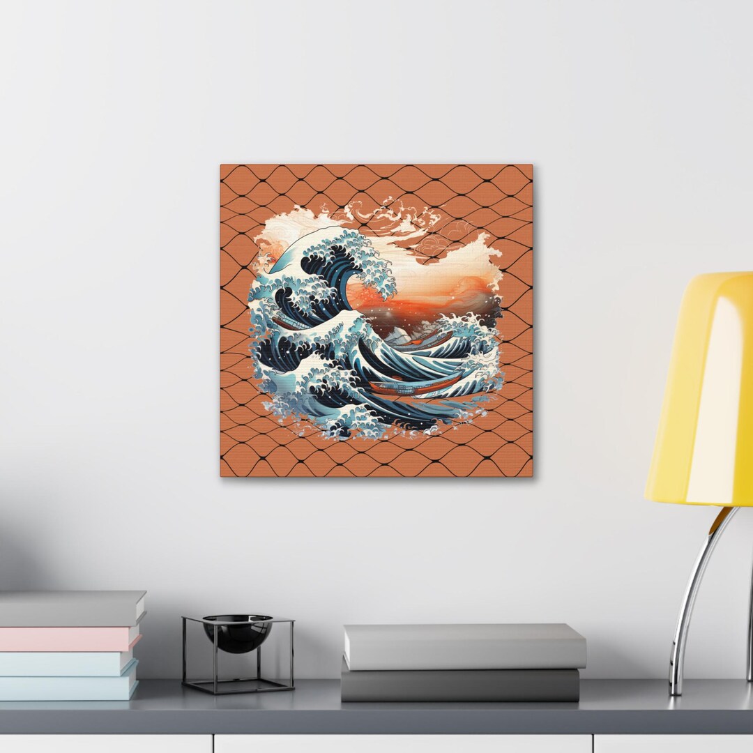Canvas Art, Japanese Woodcut Tsunami Print on Sienna Background With ...