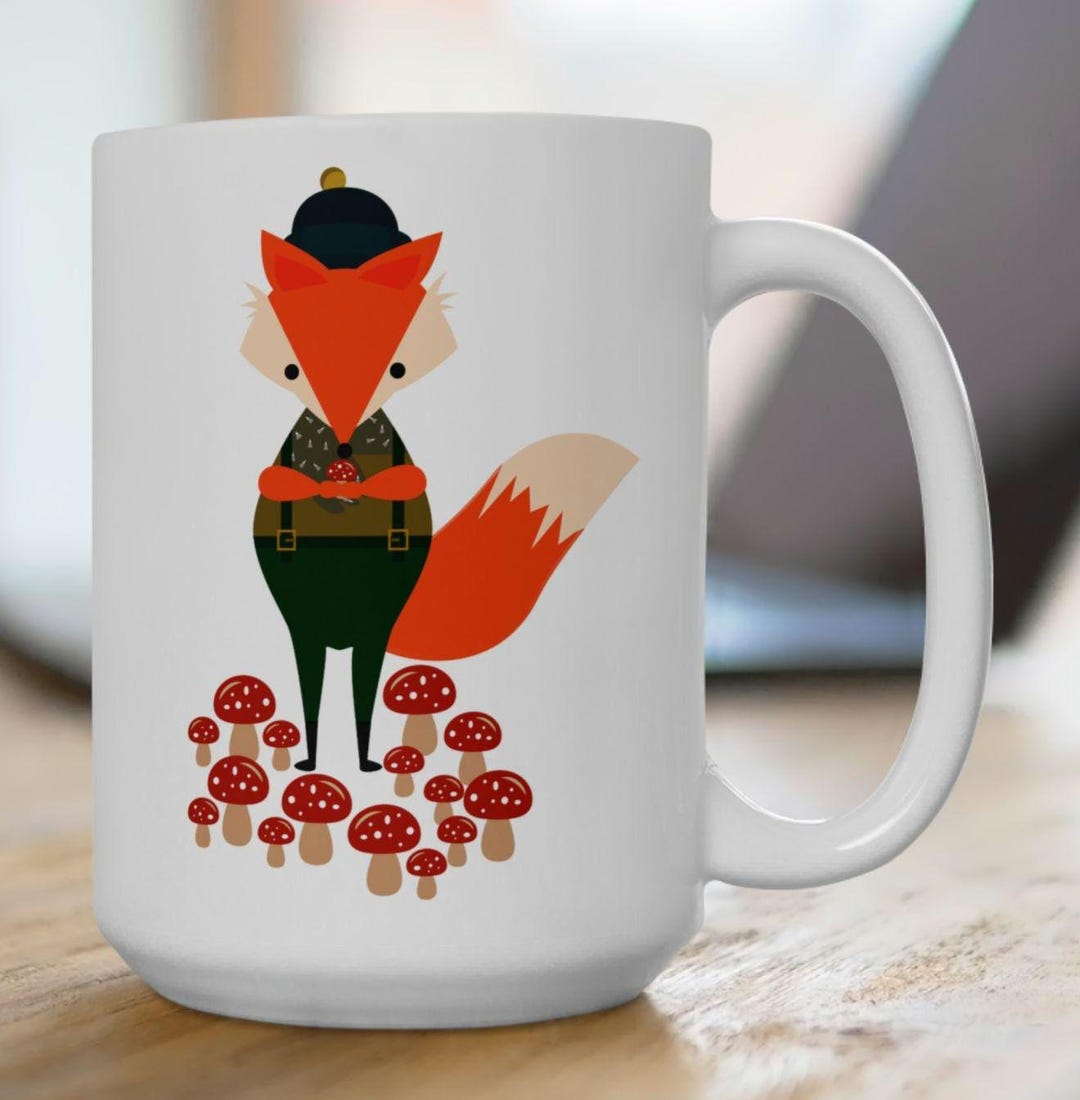 Red Fox Coffee Mug Fall Mushrooms Ceramic Coffee Cup Large 15 Oz Mug ...