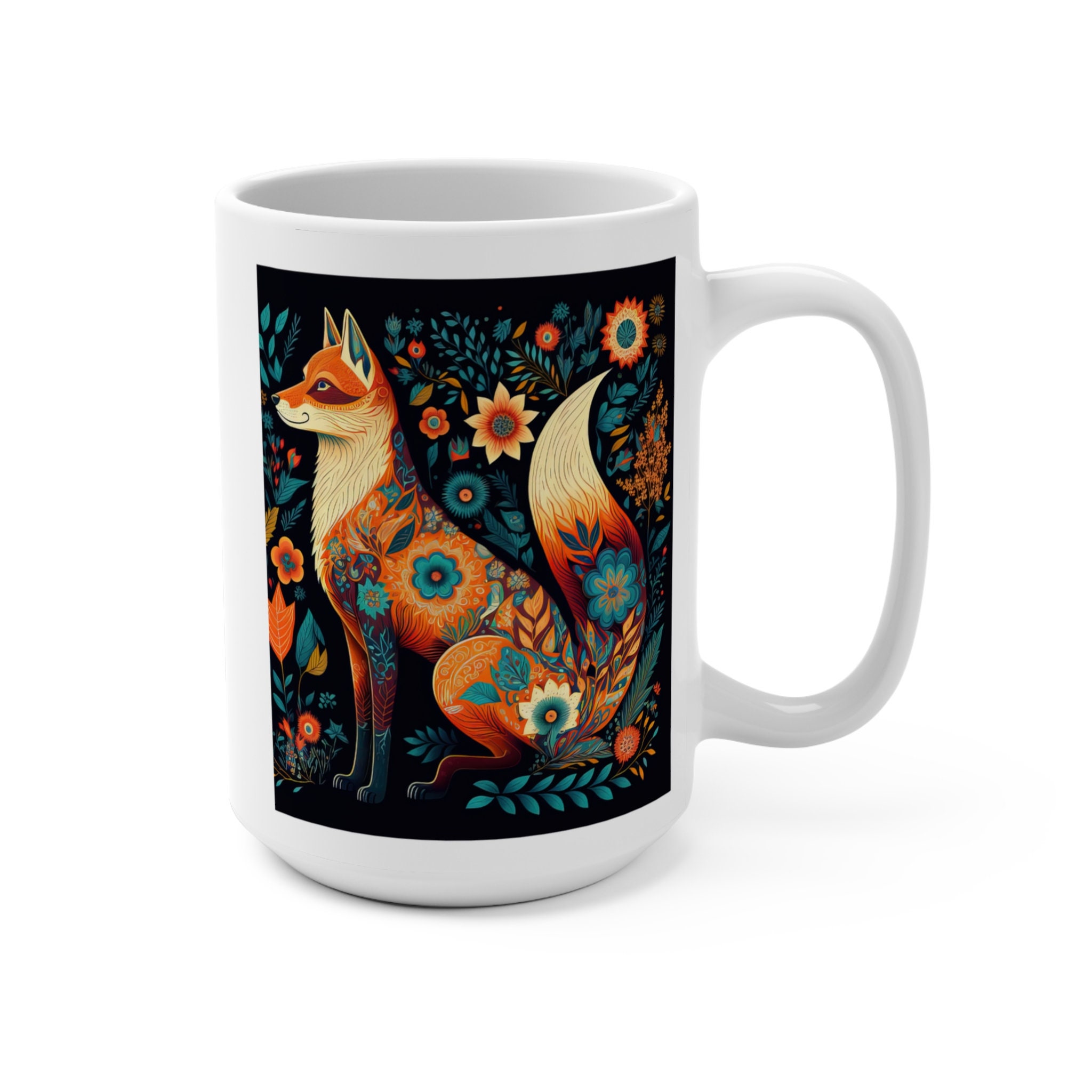 Fox Mug Gift for Her Coffee Mug Red Fox Forest Floral Large Ceramic ...