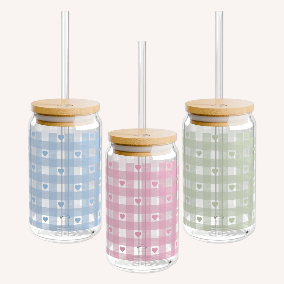 Gingham Hearts Glass Cup, Cute Pastel Glass Tumbler, Aesthetic 16oz Ice ...