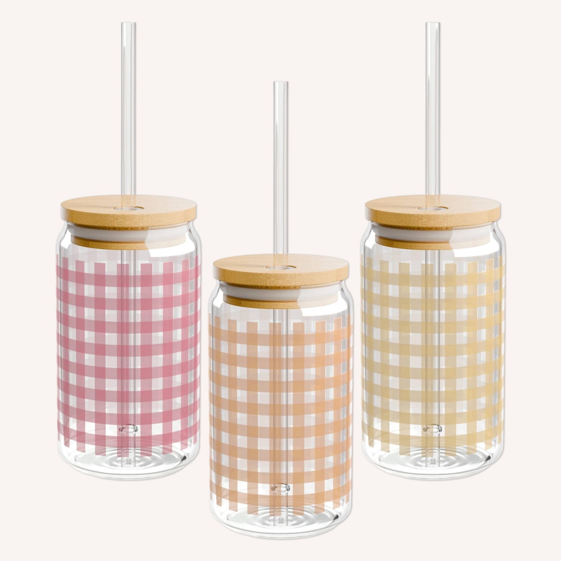 Gingham Glass Cup, Preppy Glass Tumbler, Pastel Gingham Ice Coffee Cup ...