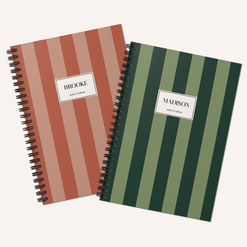 Minimalist Striped Journal, Custom Name Lined Spiral Notebook, Cute ...