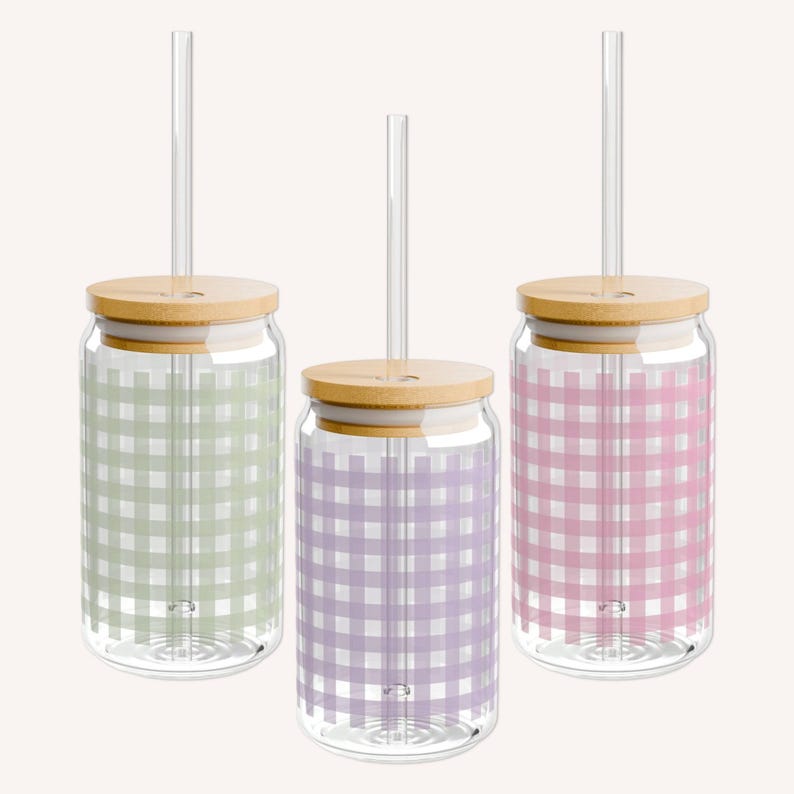 Gingham Glass Cup, Preppy Glass Tumbler, Pastel Gingham Ice Coffee Cup ...