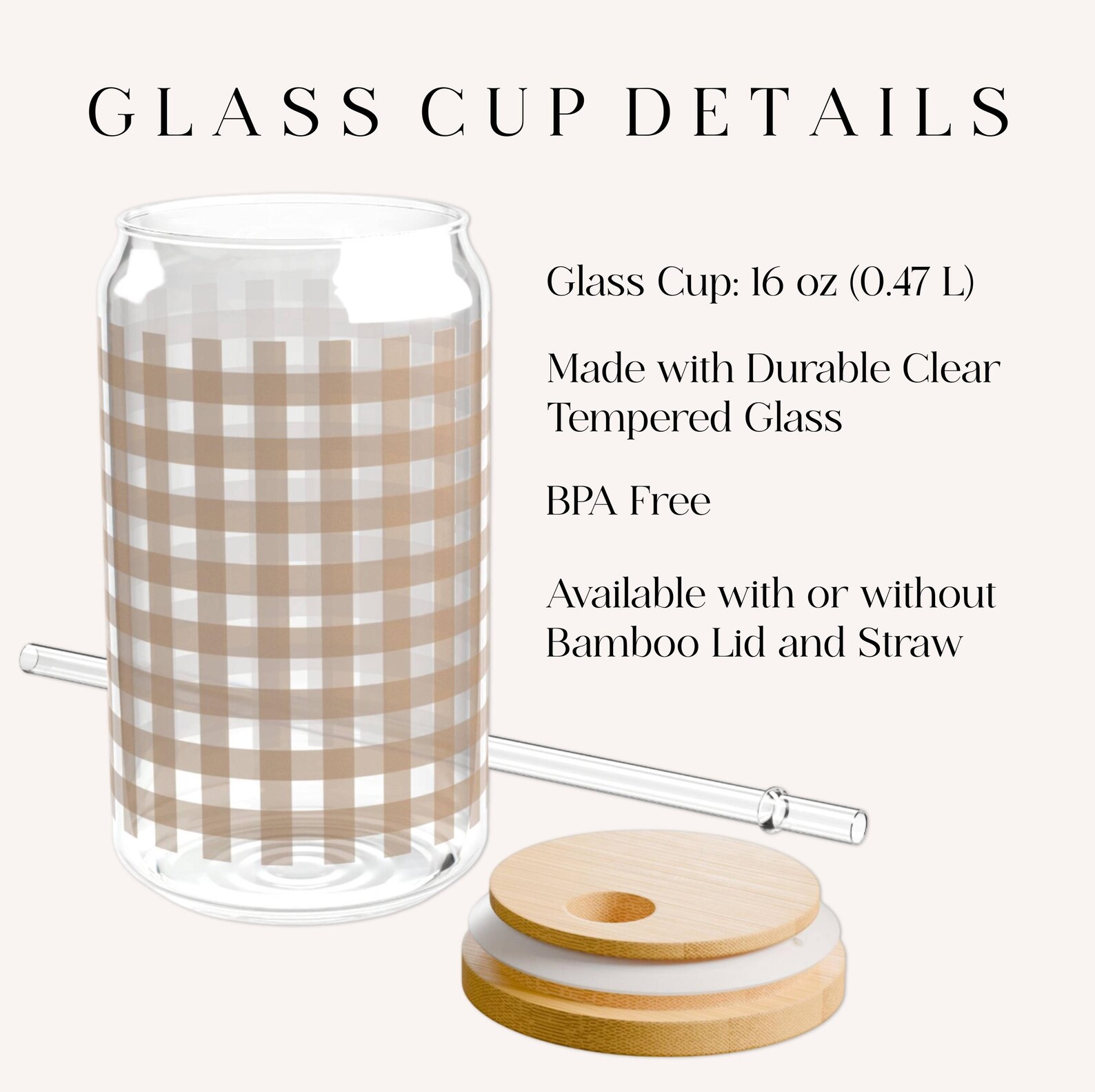 Gingham Glass Cup, Preppy Glass Tumbler, Pastel Gingham Ice Coffee Cup ...