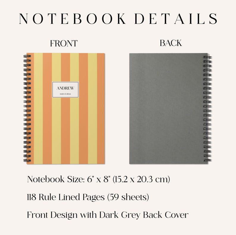 Minimalist Striped Journal, Custom Name Lined Spiral Notebook, Cute ...
