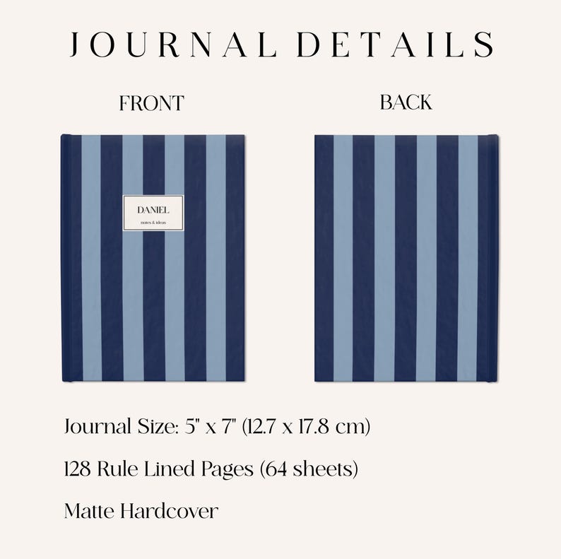 Minimalist Striped Journal, Custom Name Lined Spiral Notebook, Cute ...