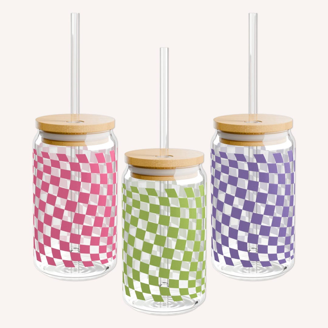 Retro Checker Glass Cup, Wavy Checkered Glass Tumbler, Twisted ...