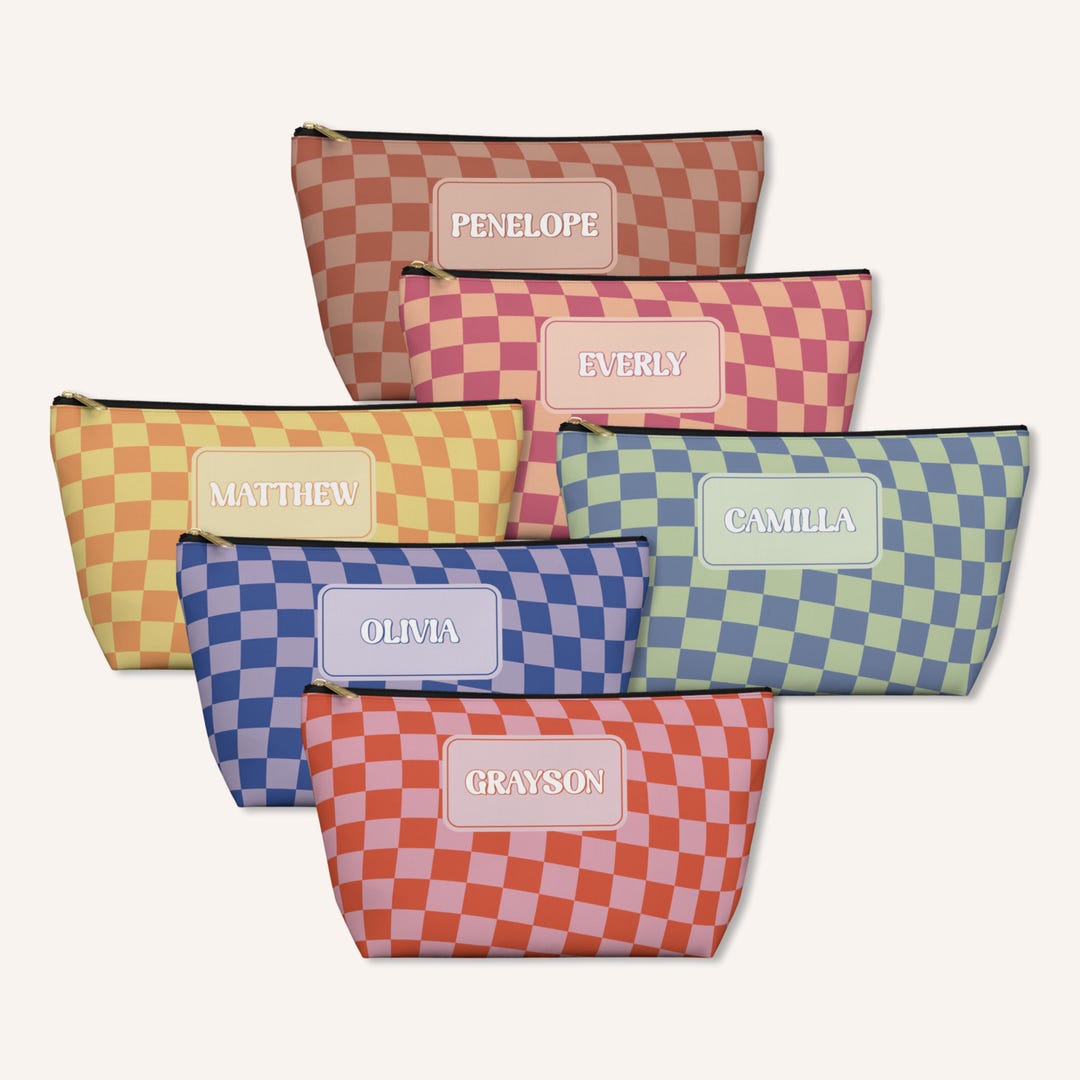 Twisted Checker Wave Pouch, Personalized Name Pencil Case, Retro Color ...