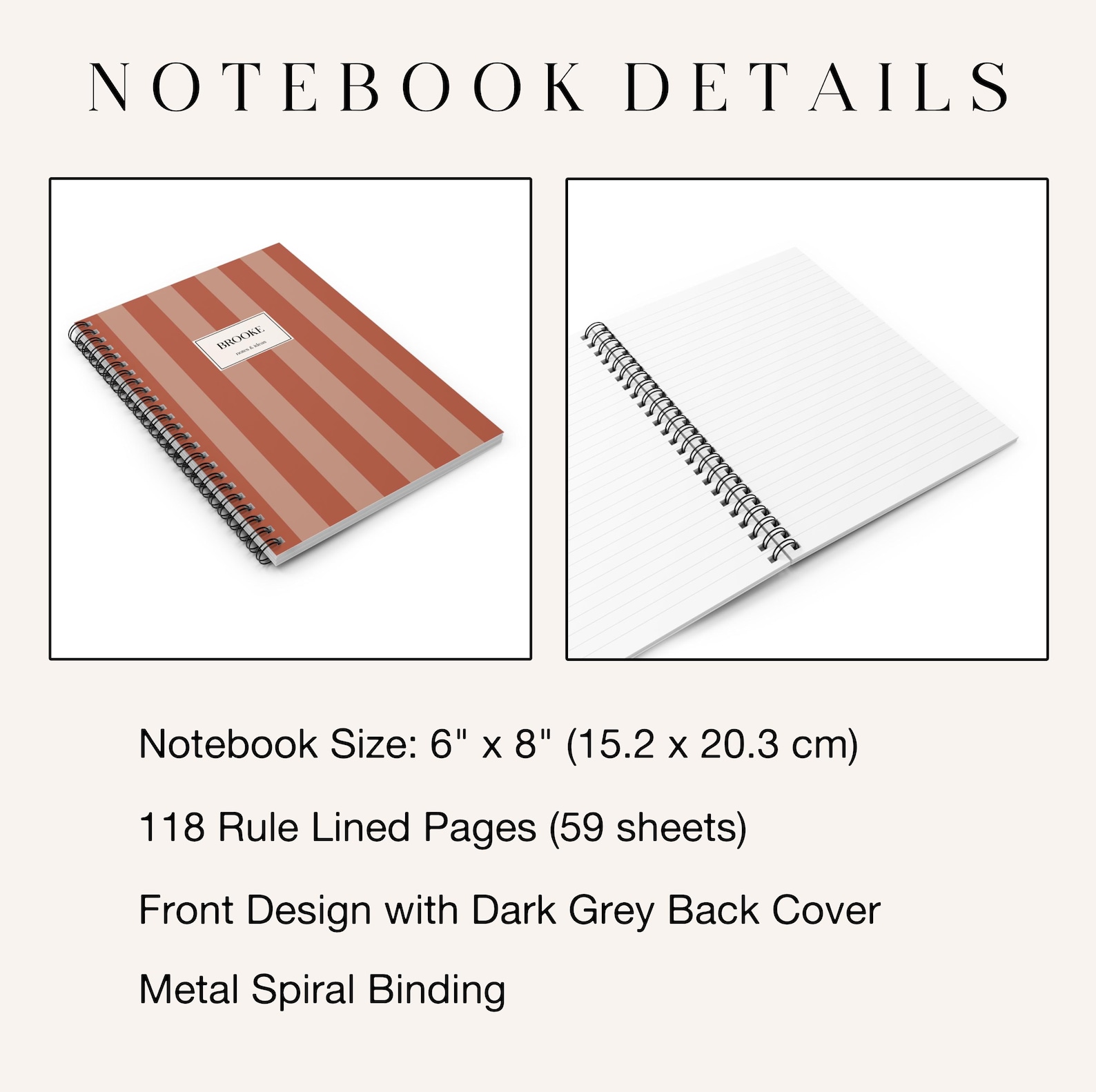 Minimalist Striped Journal, Custom Name Lined Spiral Notebook, Cute ...