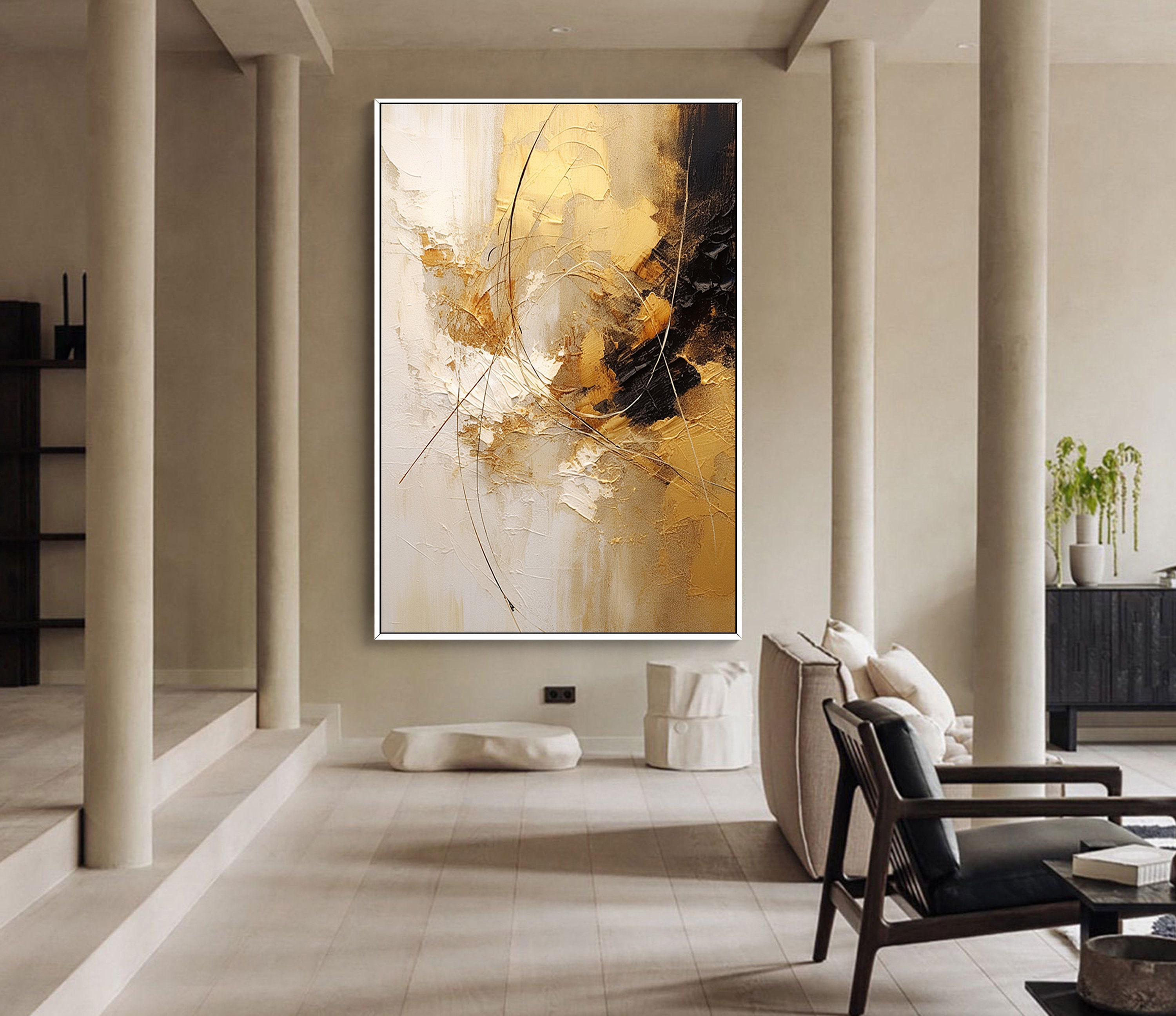 Handmade Gray and Gold Abstract Painting Heavy Texture Minimalist ...