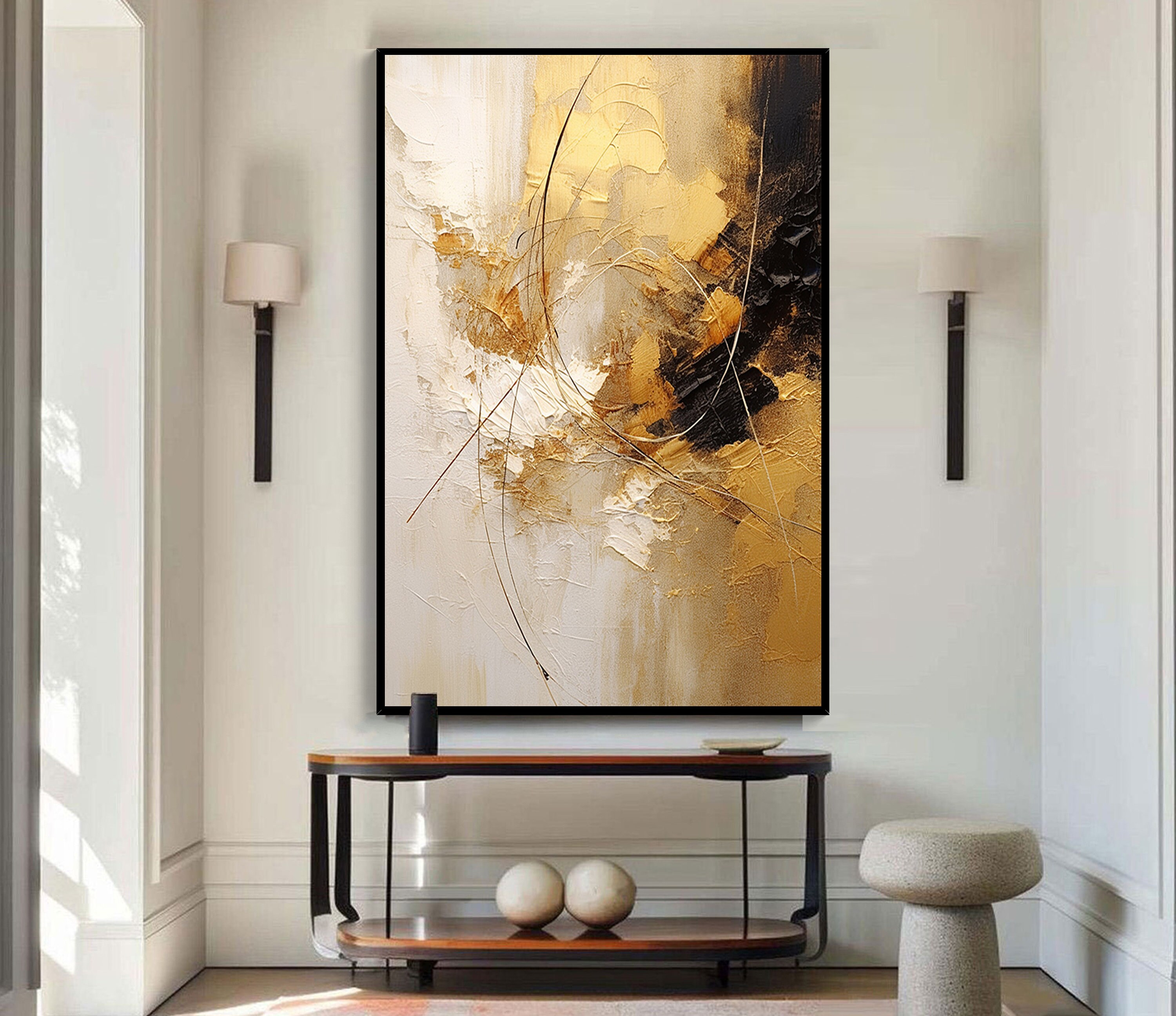 Handmade Gray and Gold Abstract Painting Heavy Texture Minimalist ...