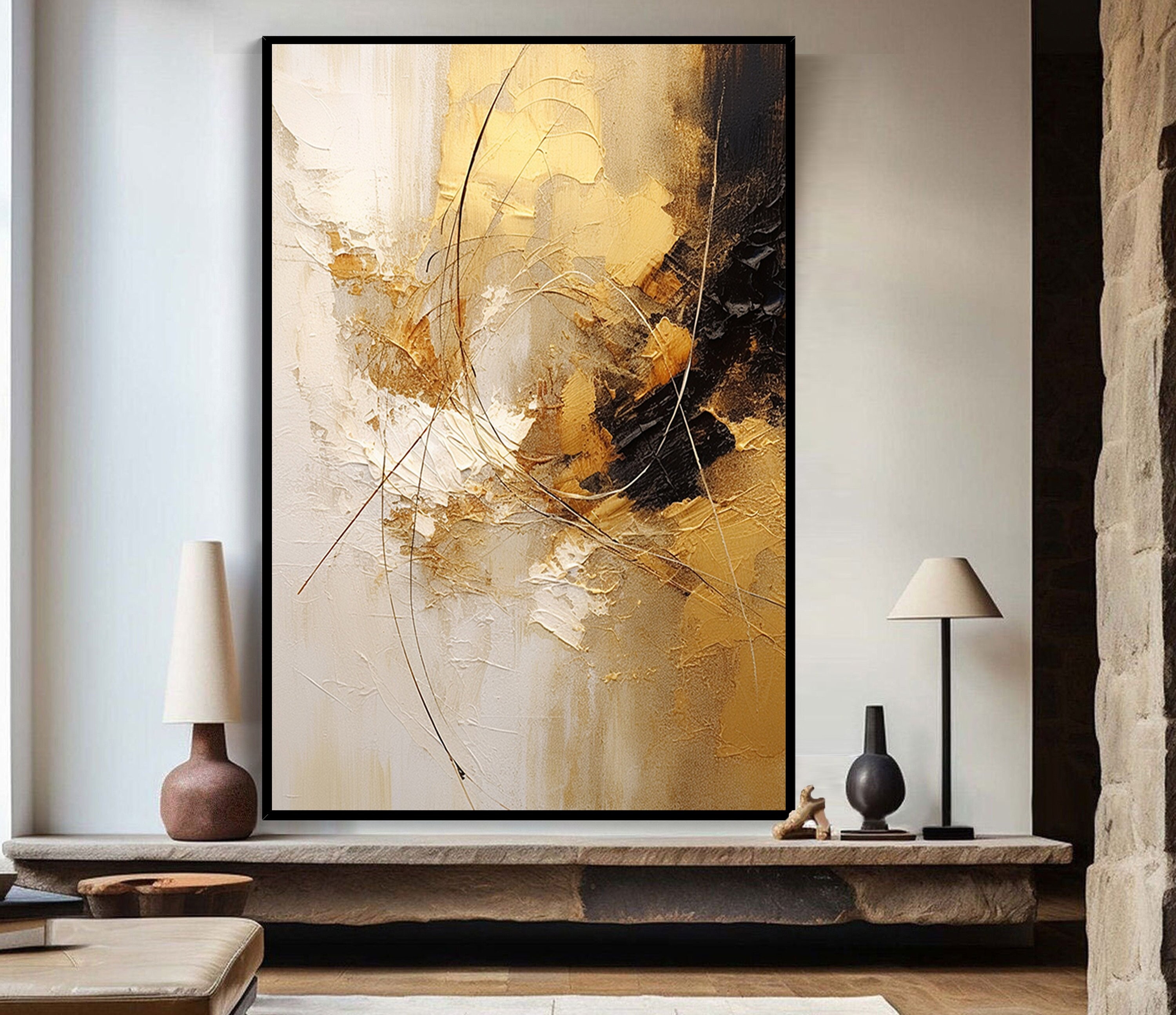Handmade Gray and Gold Abstract Painting Heavy Texture Minimalist ...