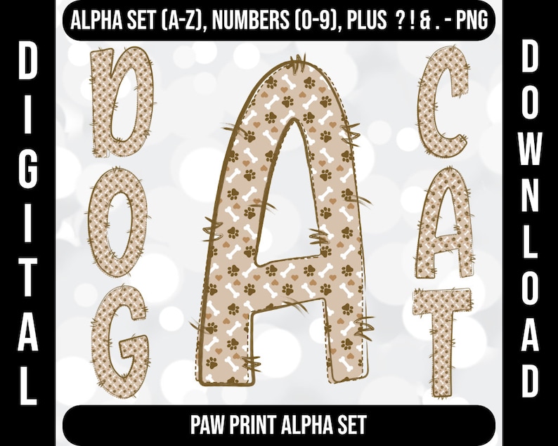 Paw Print Doodle Alphabet Set - Paw Prints and Bones Alpha Clipart - 40 ...