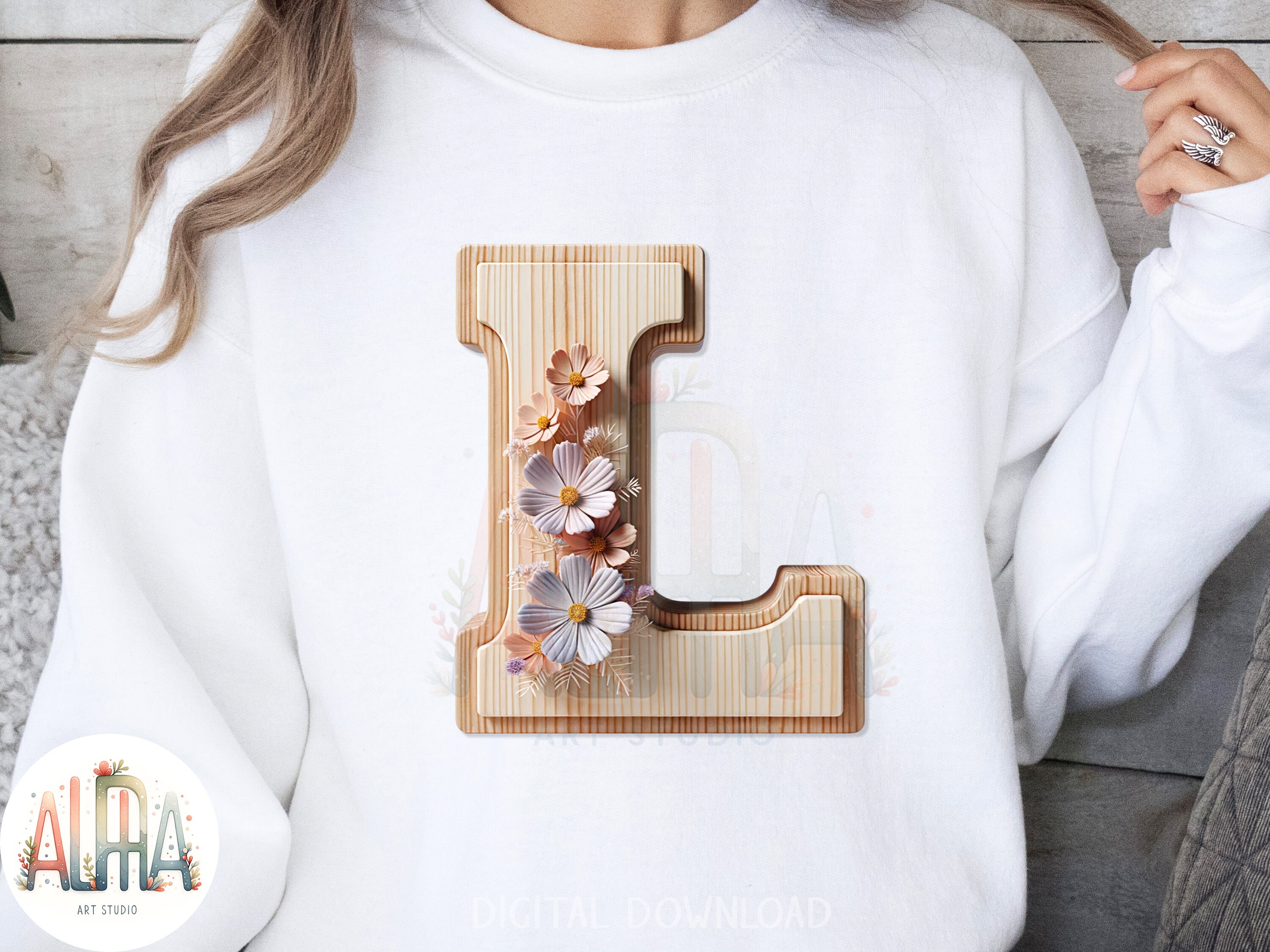 Floral Wood Alphabet Clipart,3d Botanical Wooden Letter Number Art for ...