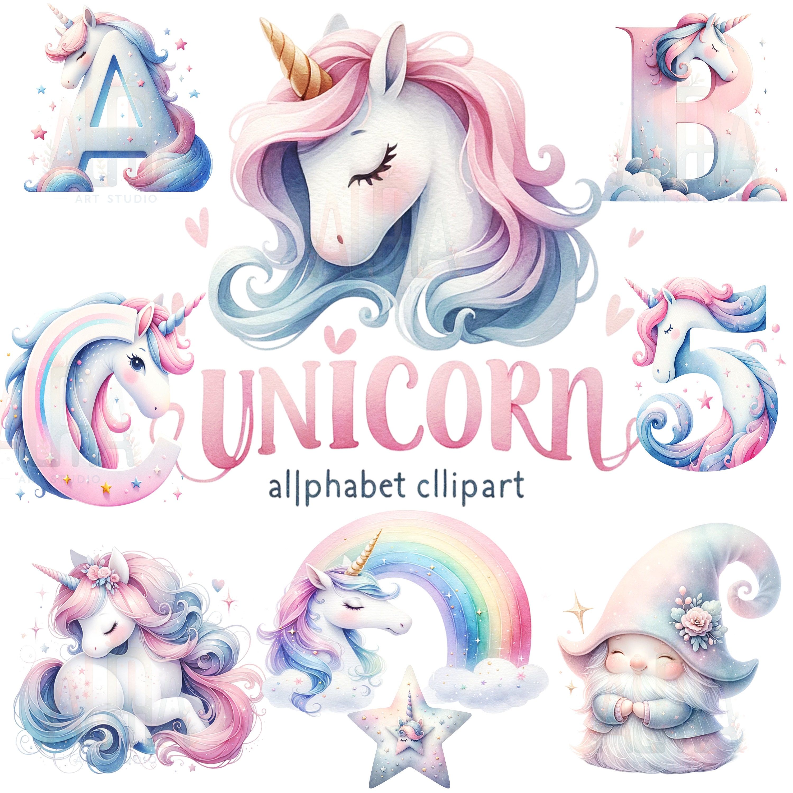 Watercolor Cute Unicorn Alphabet Clipart Png,doodle Letters Alphabet ...