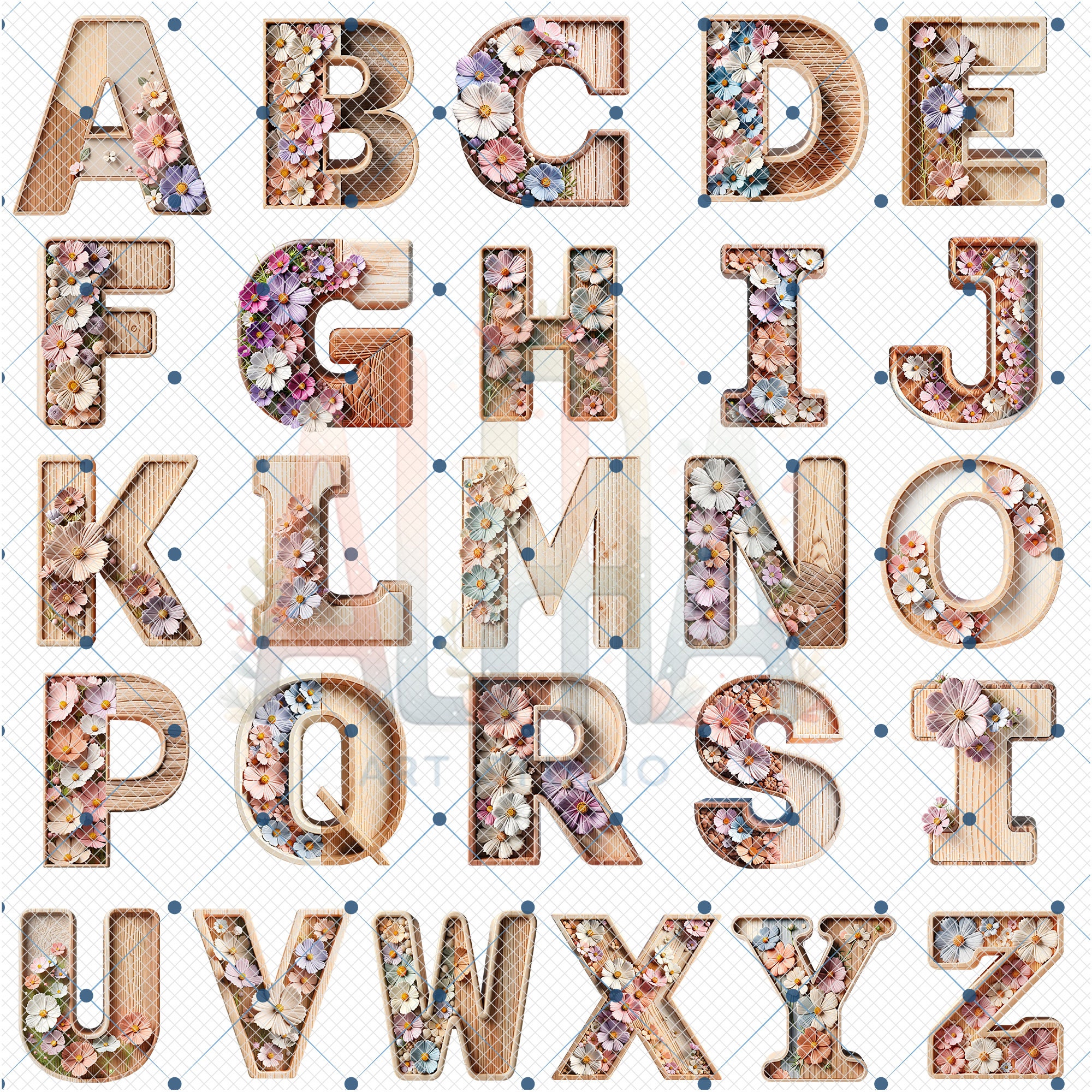 Floral Wood Alphabet Clipart,3d Botanical Wooden Letter Number Art for ...