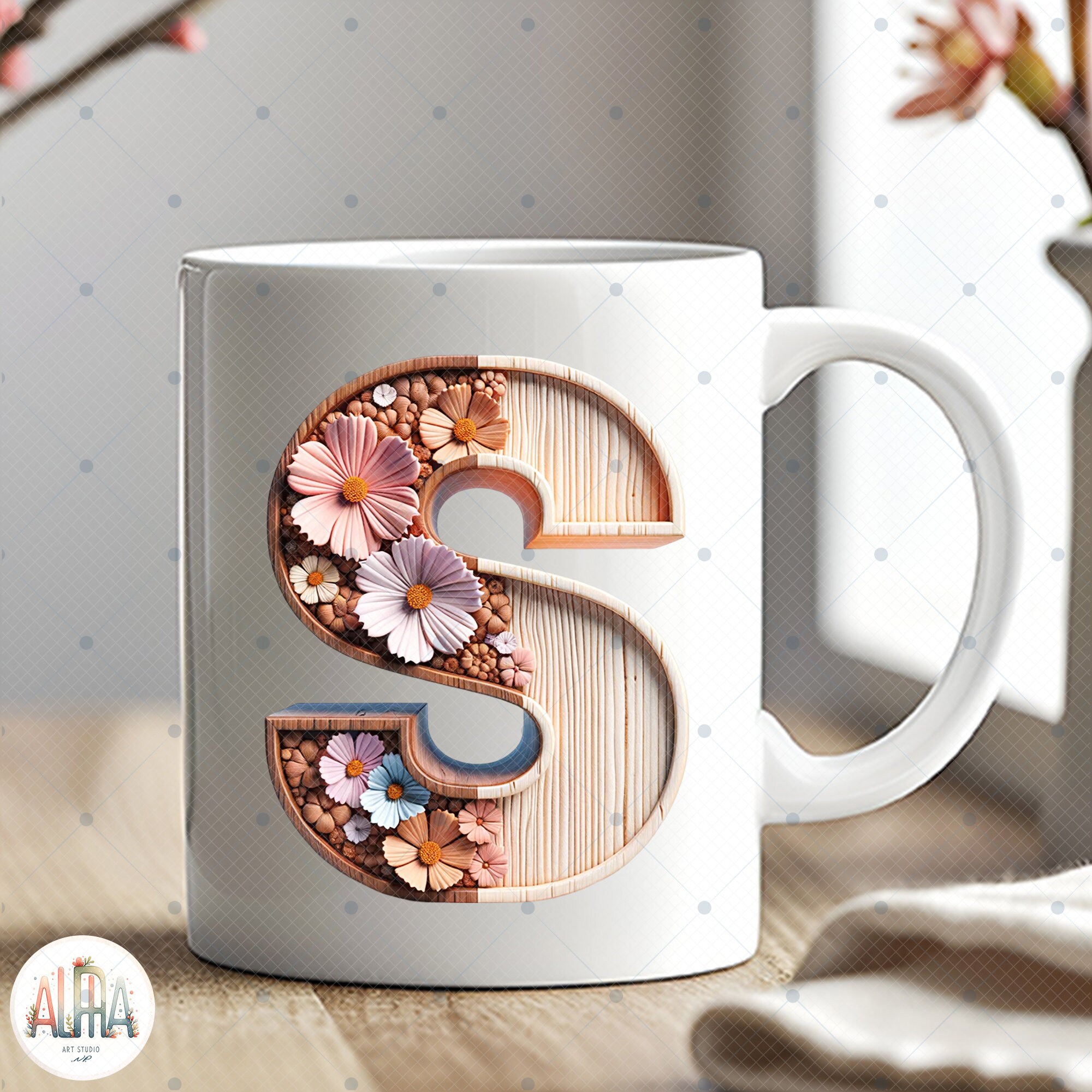 Floral Wood Alphabet Clipart,3d Botanical Wooden Letter Number Art for ...