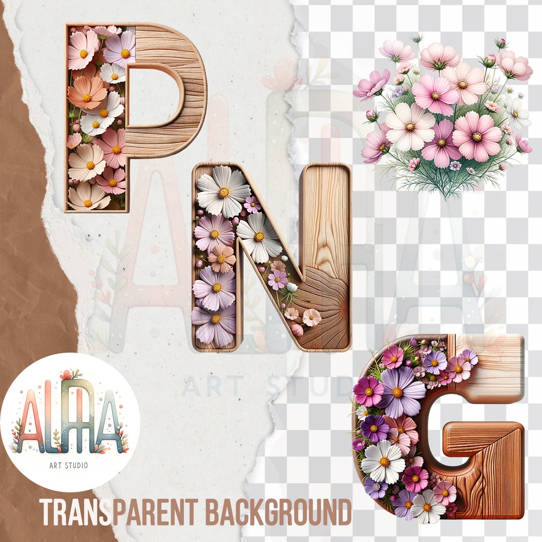 Floral Wood Alphabet Clipart,3d Botanical Wooden Letter Number Art for ...