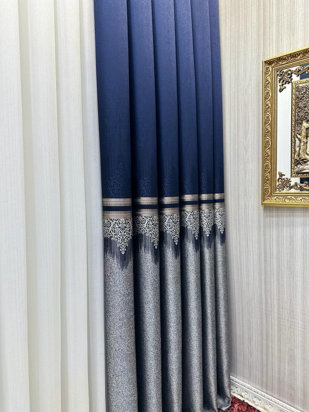 Luxurious Navy Blue& Gray Grommet Curtain, Living Room Curtain, Curtain ...