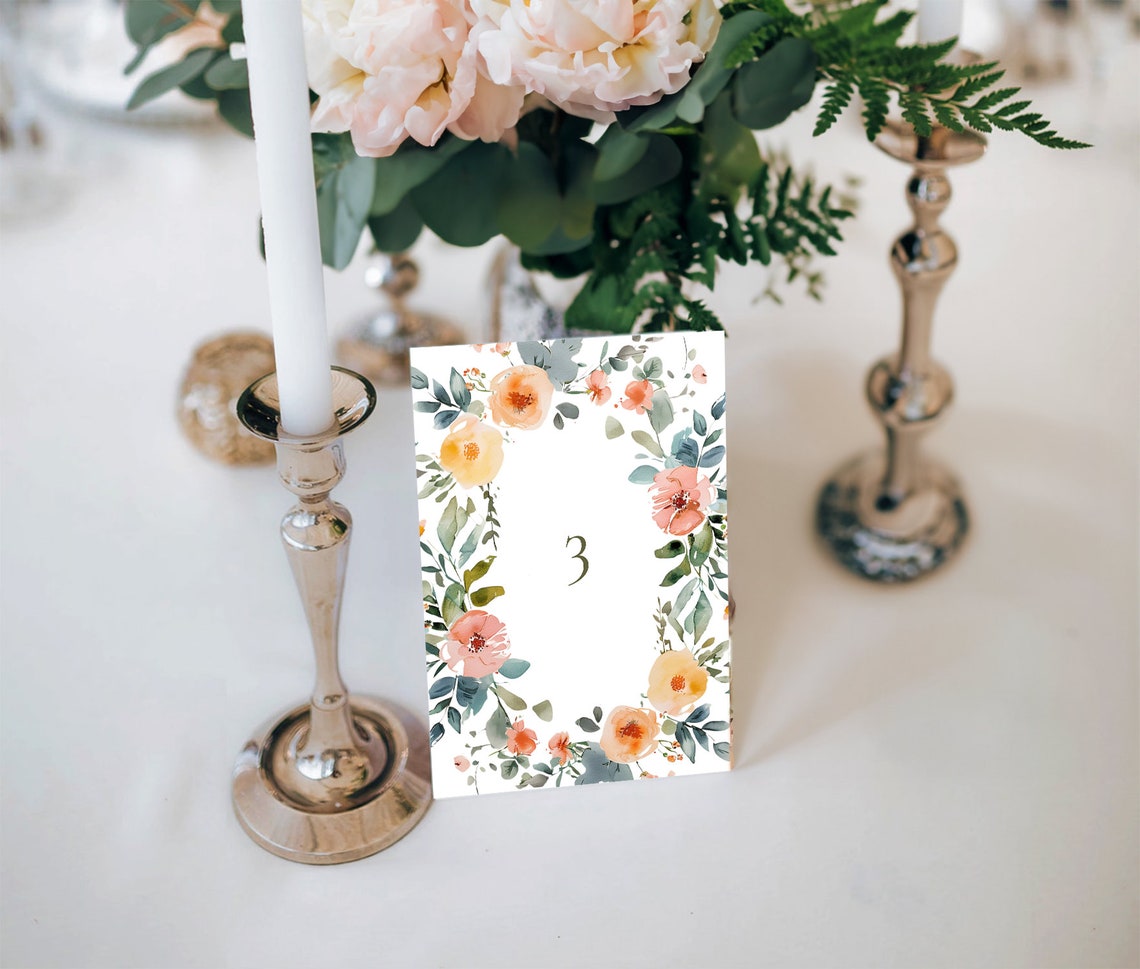 Watercolor Floral Table Numbers, Watercolor Table Numbers, Editable ...
