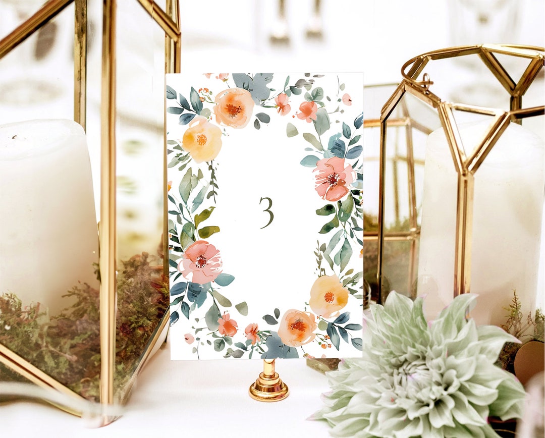 Watercolor Floral Table Numbers, Watercolor Table Numbers, Editable ...