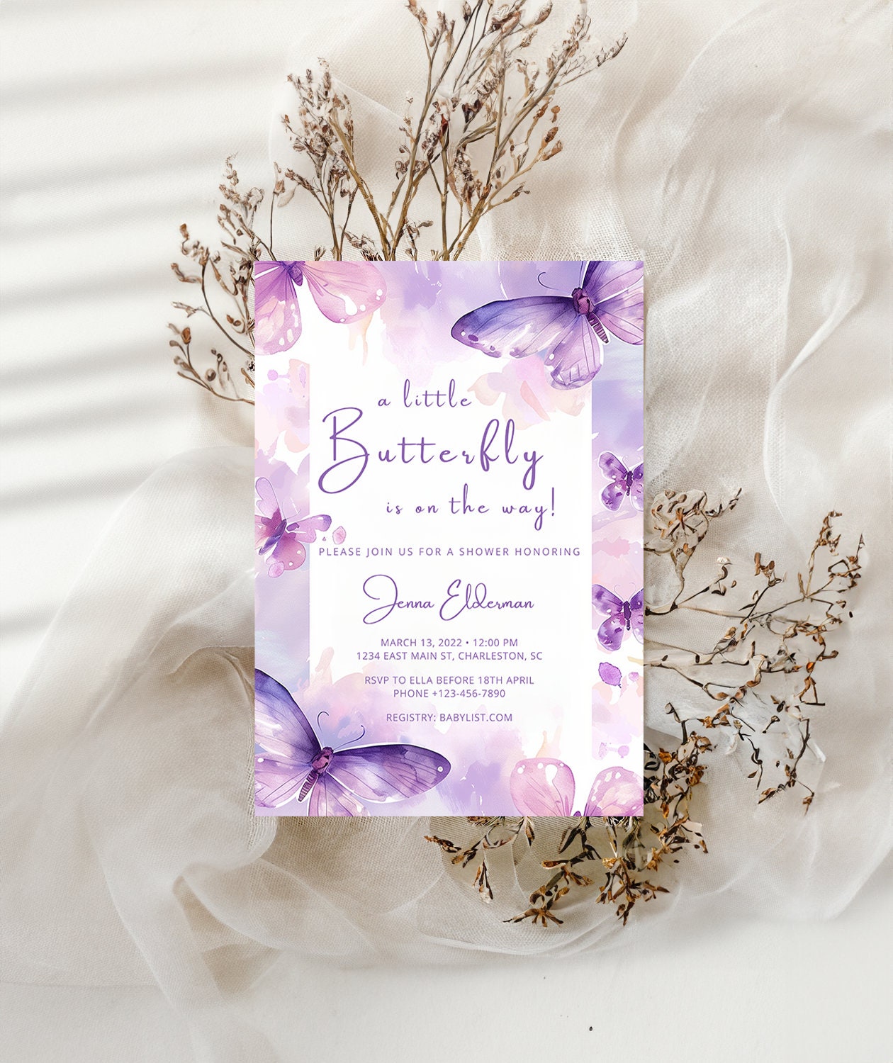 Butterfly Baby Shower Invitation, Pink Butterfly Invitation Template ...