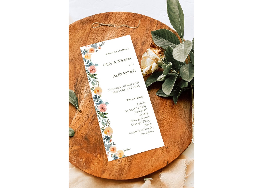 Watercolor Floral Wedding Program, Watercolor Wedding Program, Editable ...