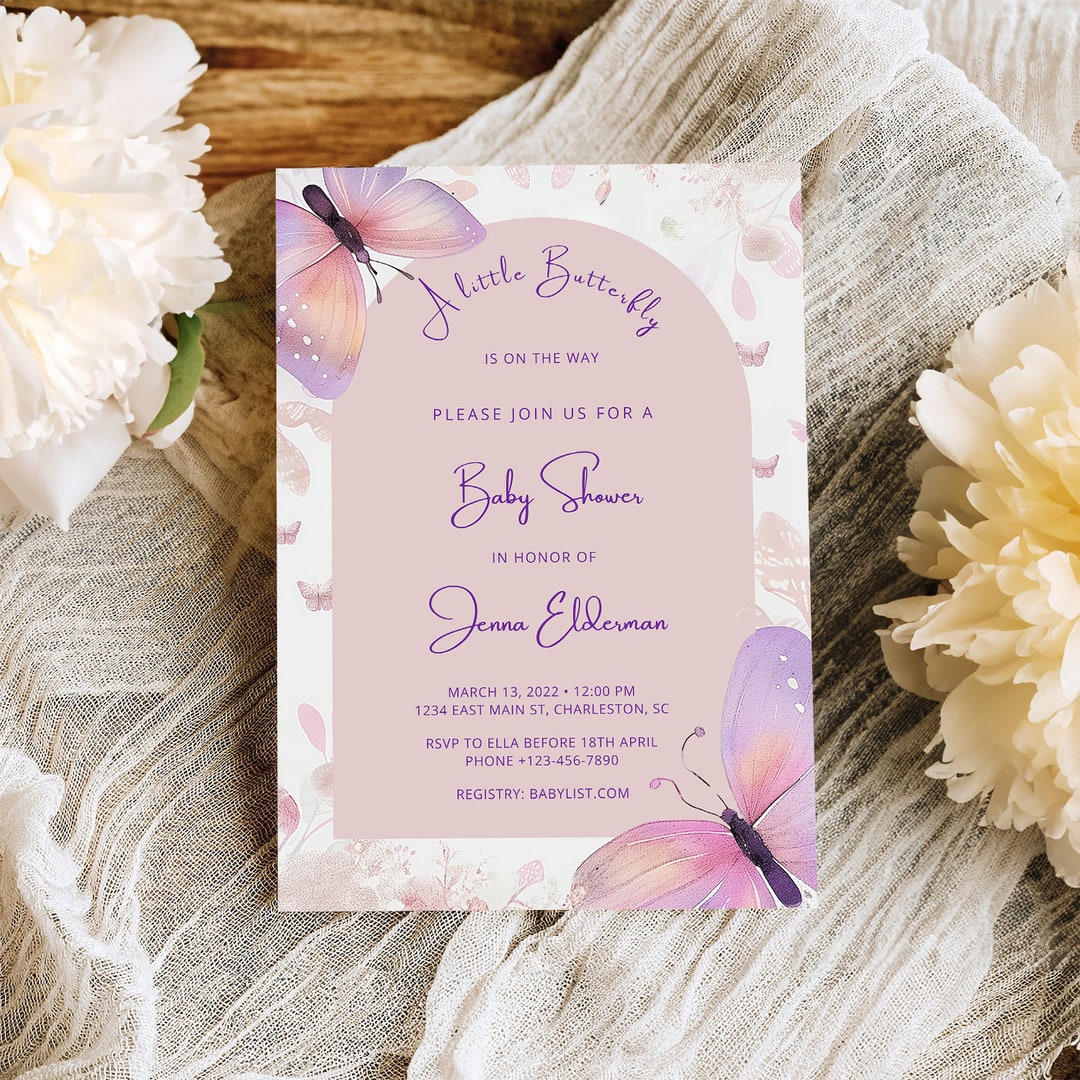Butterfly Baby Shower Invitation, Pink Butterfly Invitation Template ...