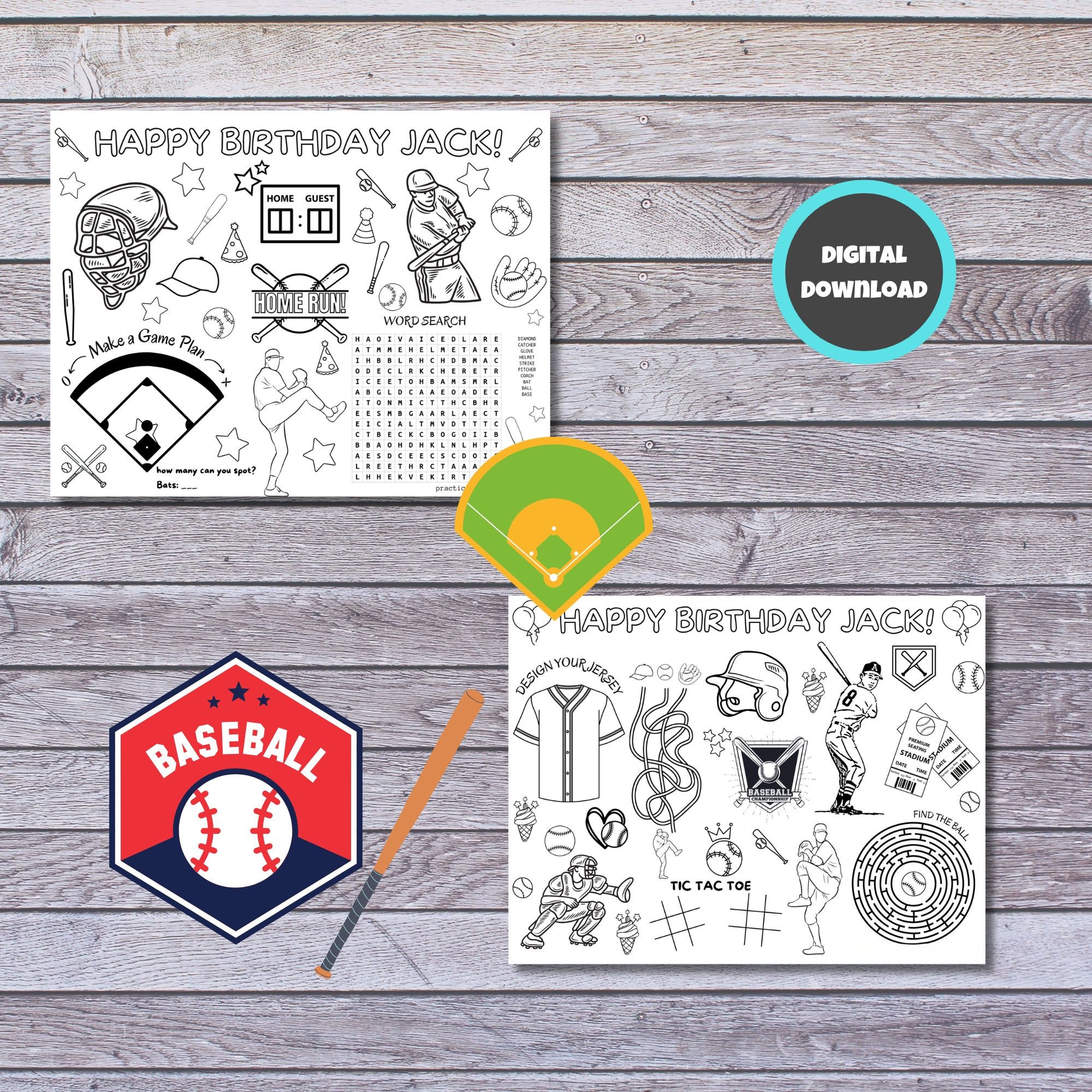 Personalized Set of Two Activity Sheet Baseball Birthday Party, Sports ...