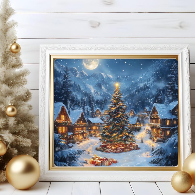 Christmas Village Scene Printable - Victorian Winter Town Painting for ...