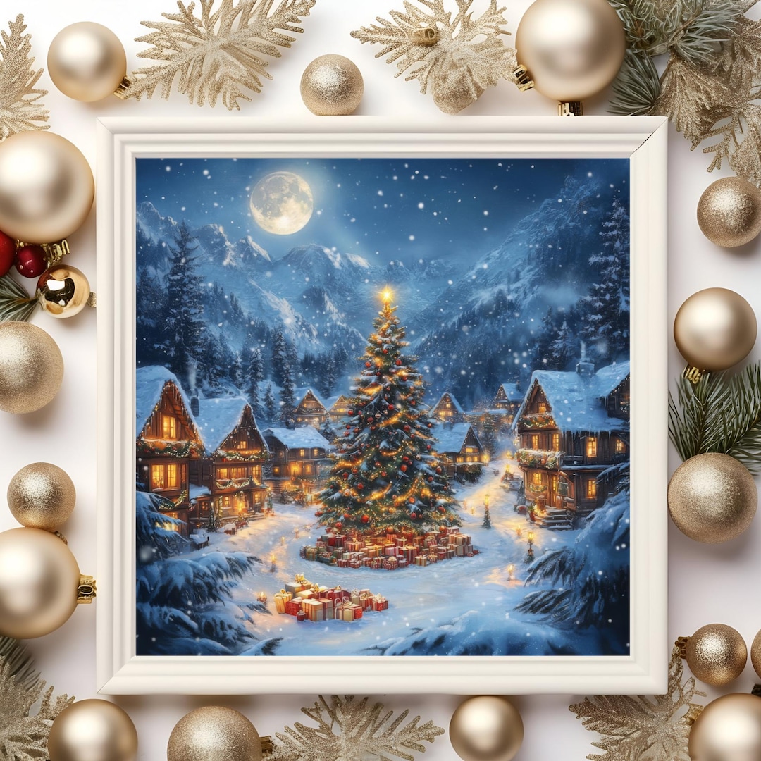 Christmas Village Scene Printable - Victorian Winter Town Painting for ...