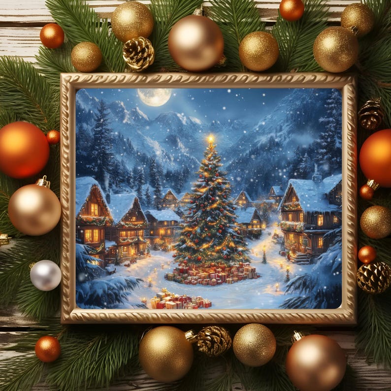 Christmas Village Scene Printable - Victorian Winter Town Painting for ...