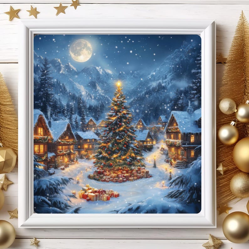 Christmas Village Scene Printable - Victorian Winter Town Painting for ...