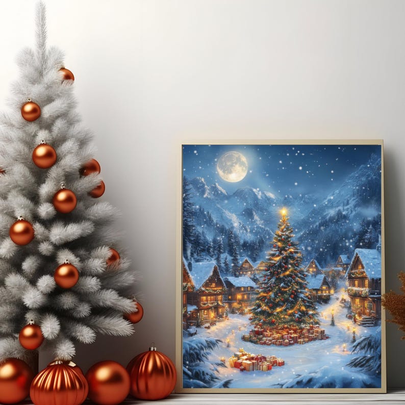 Christmas Village Scene Printable - Victorian Winter Town Painting for ...