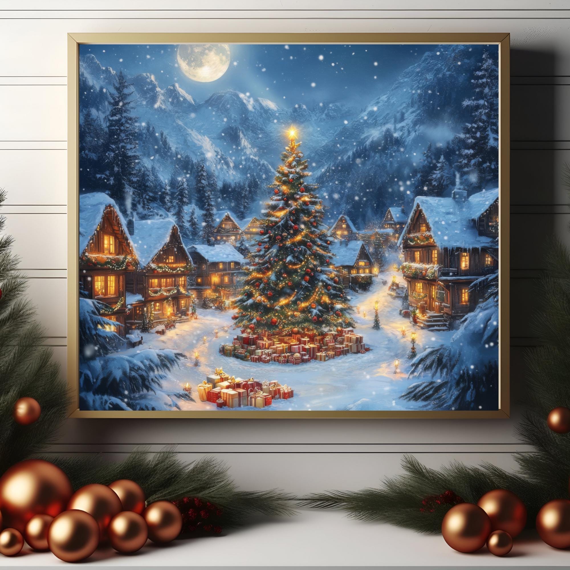 Christmas Village Scene Printable - Victorian Winter Town Painting for ...