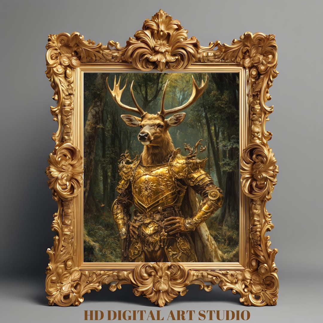 Golden Armor Stag Print, Victorian Deer Wall Art, Gothic Animal ...