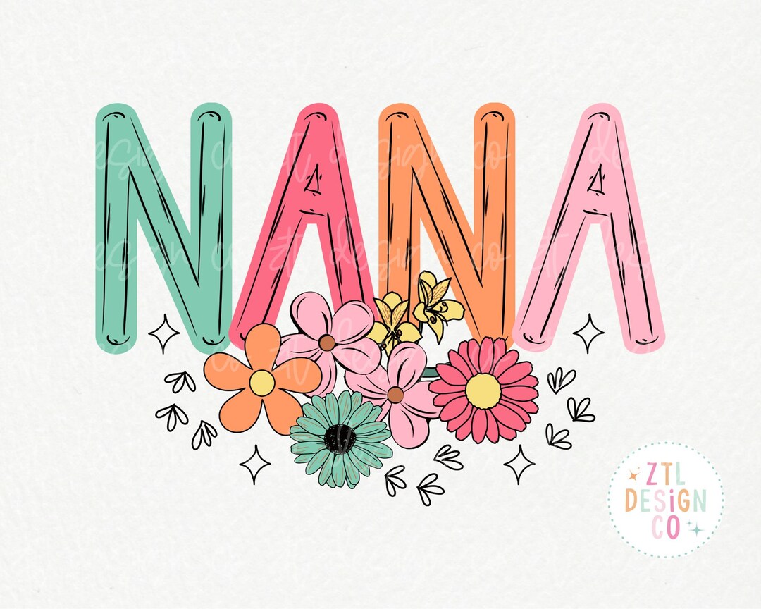 Doodle Floral Nana PNG File Sublimation Pastel Retro Grandma Family Gift Colorful for Mugs ...