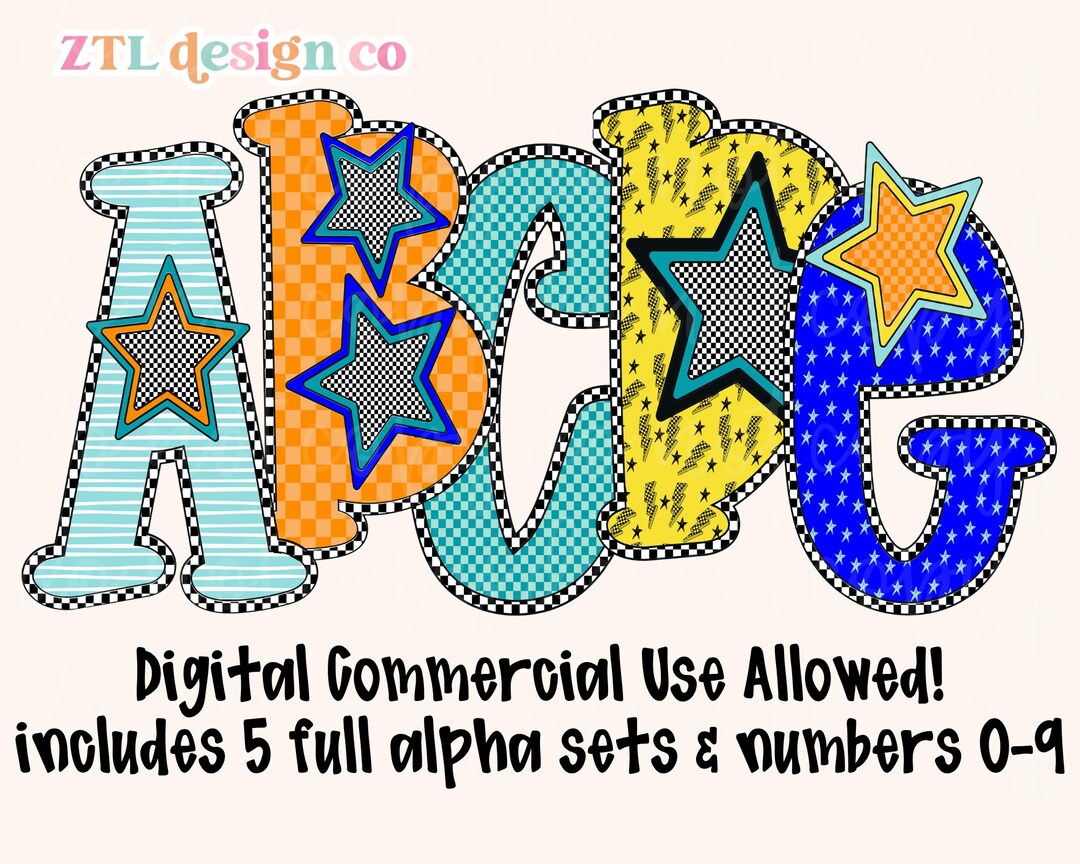 Retro Blue Checker Alphabet Letters & Numbers Set Digital PNG ...
