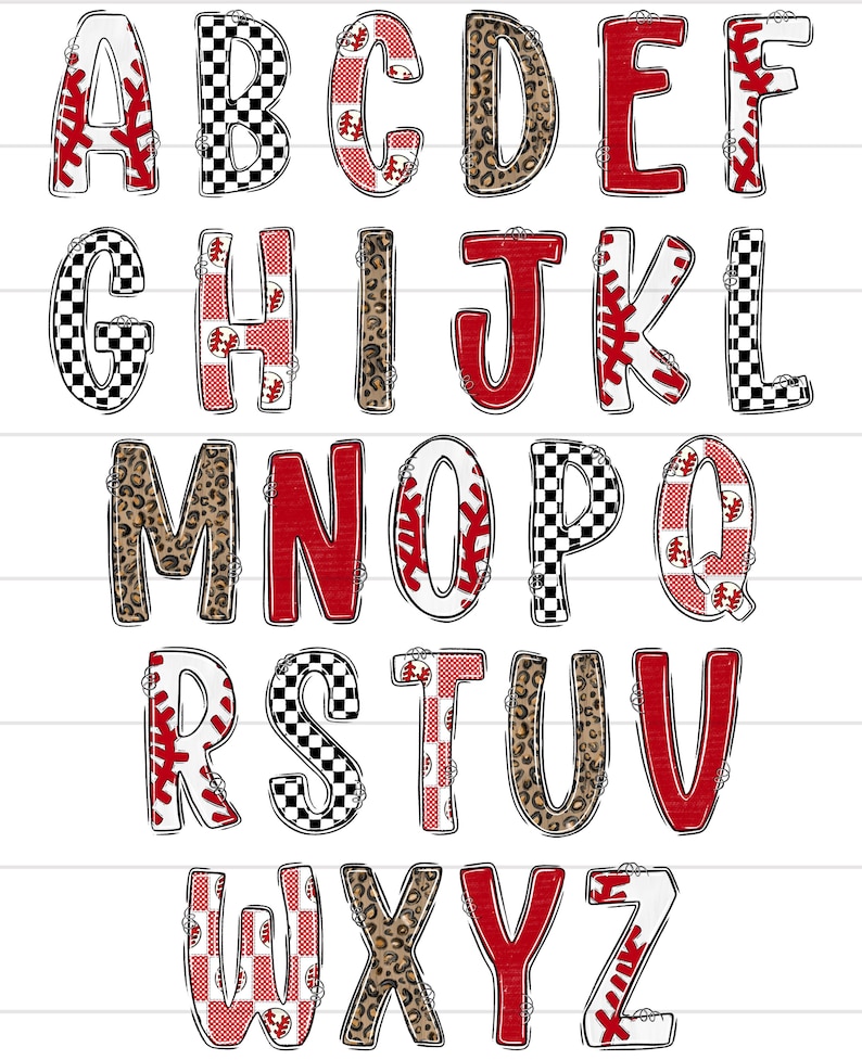 Baseball Alpha Set PNG, Leopard Sport Alphabet, Hand Drawn, Checkered ...