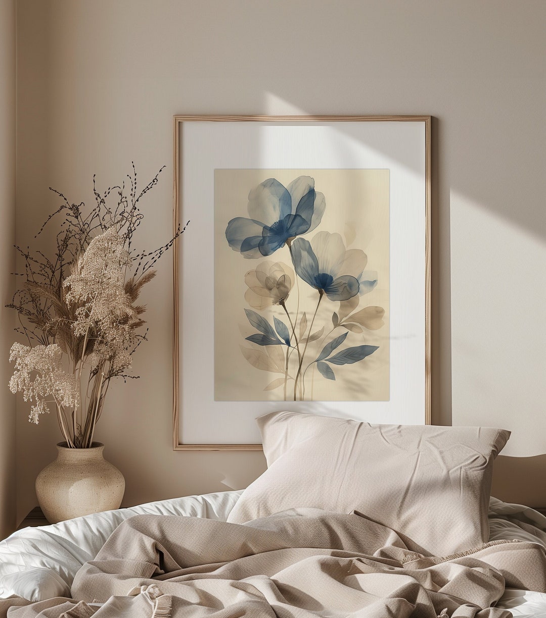Aesthetic Watercolor Floral Poster: Serene Blue & Beige Botanical ...